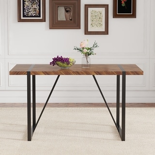 Fishbone Pattern Dining Table with Inset Metal Legs, Dark Wood Textured ...