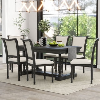 7-Piece Retro Solid Wood Rectangular Dining Table with 6 Linen Upholstered Chairs and Slightly ...
