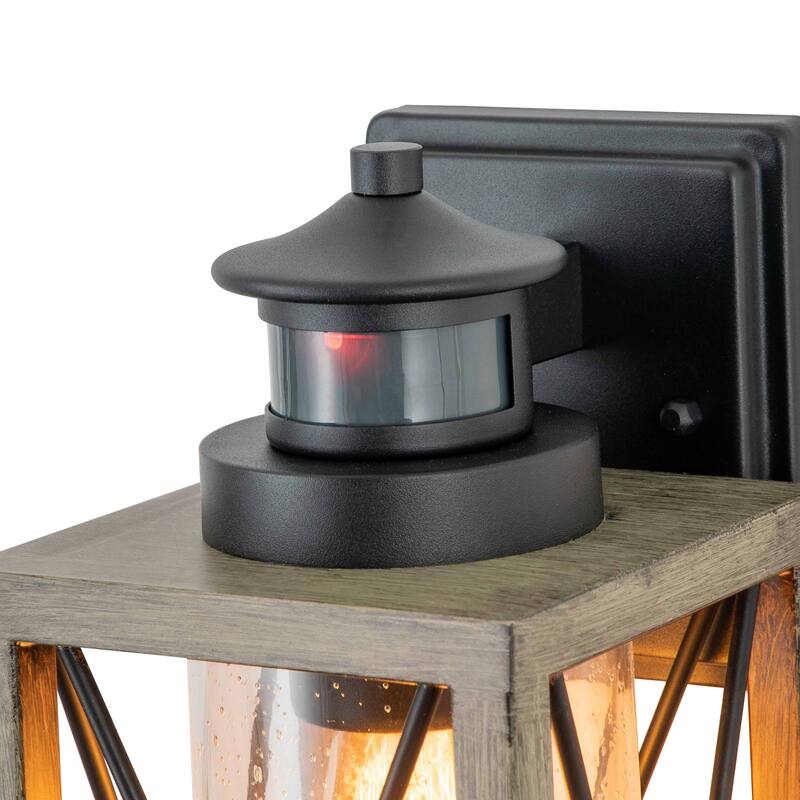 1-Light Black and Faux Wood Motion Sensor Outdoor Wall Sconce - Black ...
