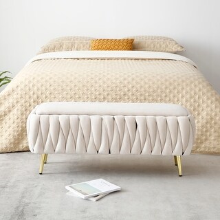 Stylish Oval Storage Bench with Gold Legs, Beige Fabric Upholstered ...