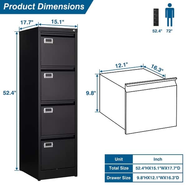 4 Drawer File Cabinet, Vertical Filing Cabinets with Lock, Metal File ...