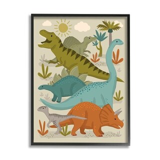 Stupell Mixed Dinosaurs Grazing Wildlife Botanicals Sunny Day Framed ...