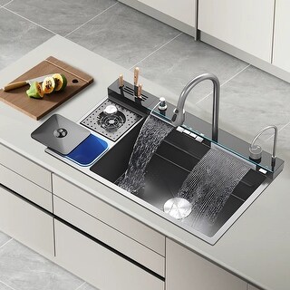 Black Twin Waterfall Kitchen Sink Stainless Steel Single Bowl Sink - 32 ...