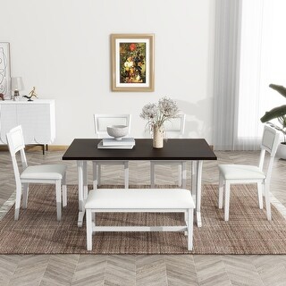 6pcs Dining Set with U-shape Trestle Table, 4 White Chairs, Bench - Bed ...