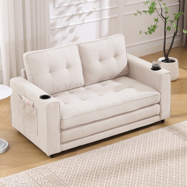 3 in 1 Folding Convertible Futon Sofa Bed Foldable Tufted Loveseat with Pull Out Sleeper Couch Bed Side Pockets and Cup Holder On Sale Bed Bath Beyond 41628986