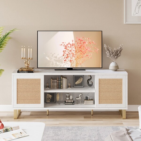 Ail TV Stand for 65 Inch TV Stand White Entertainment Center Modern TV Console Table Rattan Doors with Storage On Sale Bed Bath Beyond 37795588