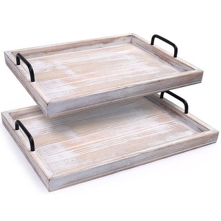 2 Rustic Wood Serving Trays with Metal Handles - Bed Bath & Beyond ...