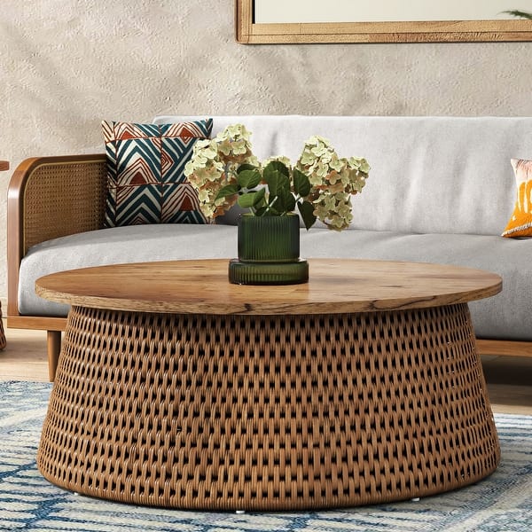 NPD Furniture Kamari Rattan Coffee Table & Side/ End Table with Wood ...