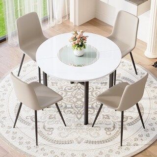 42-Inch Modern Round Dining Table Set With Four PU Chairs, Curved ...