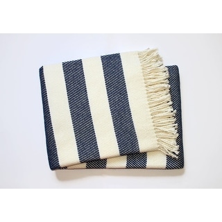Cream and Navy Blue Slanted Stripe Fringed Throw Blanket - Bed Bath ...