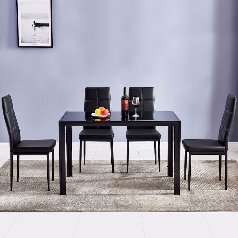 Black Glass Top Faux Leather Upholstered Modern 5-piece Dining Set ...