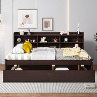 Minimalist Design Wooden Storage Platform Bed with Drawers and Bookcase ...