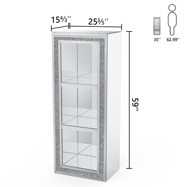 3 Shelves Accent Display Cabinet with Door Crushed Crystals Inlay Silver