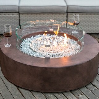 COSIEST Round Dark Brown Patio Fire Table with Wind Guard - Bed Bath ...