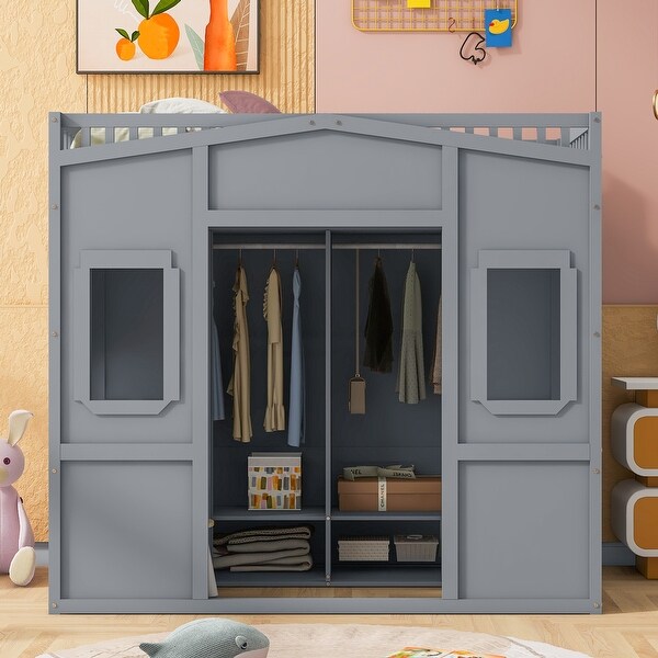 Twin Size House Shaped Pine Wood Loft Bed with Wardrobe Windows and Ladder Grey Loftbed Frame No Box Spring Needed