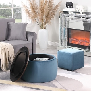 2-in-1 Ottoman Set with Blue Round Coffee Table and Square Ottoman ...
