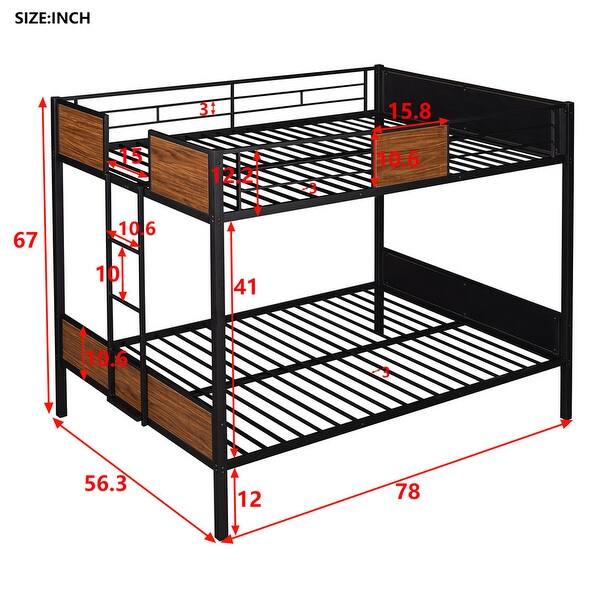 Full over Full Steel Bunk Bed with Wooden Panel Safety Rail and Built ...
