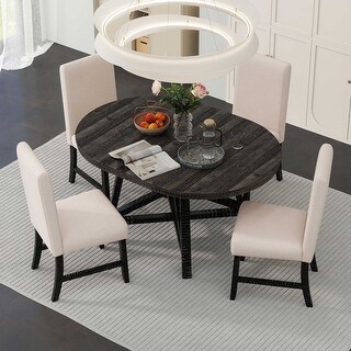 5-Piece Black Extendable Round Dining Table Set w/ 4 Dining Armchairs ...