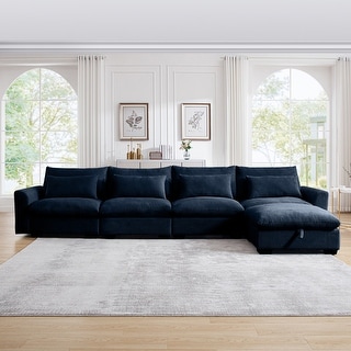 Blue Modular Sectional Sofa with Storage Ottoman & 4 Waist Pillows - 4 ...