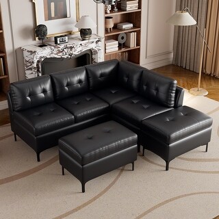 94.88" Pu Leather Corner Sofa w/Movable Storage Ottomans L-Shaped ...