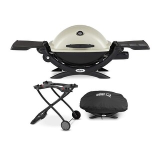 Weber Q1200 Liquid Propane Grill (Titanium) w/ Portable Cart & Cover ...