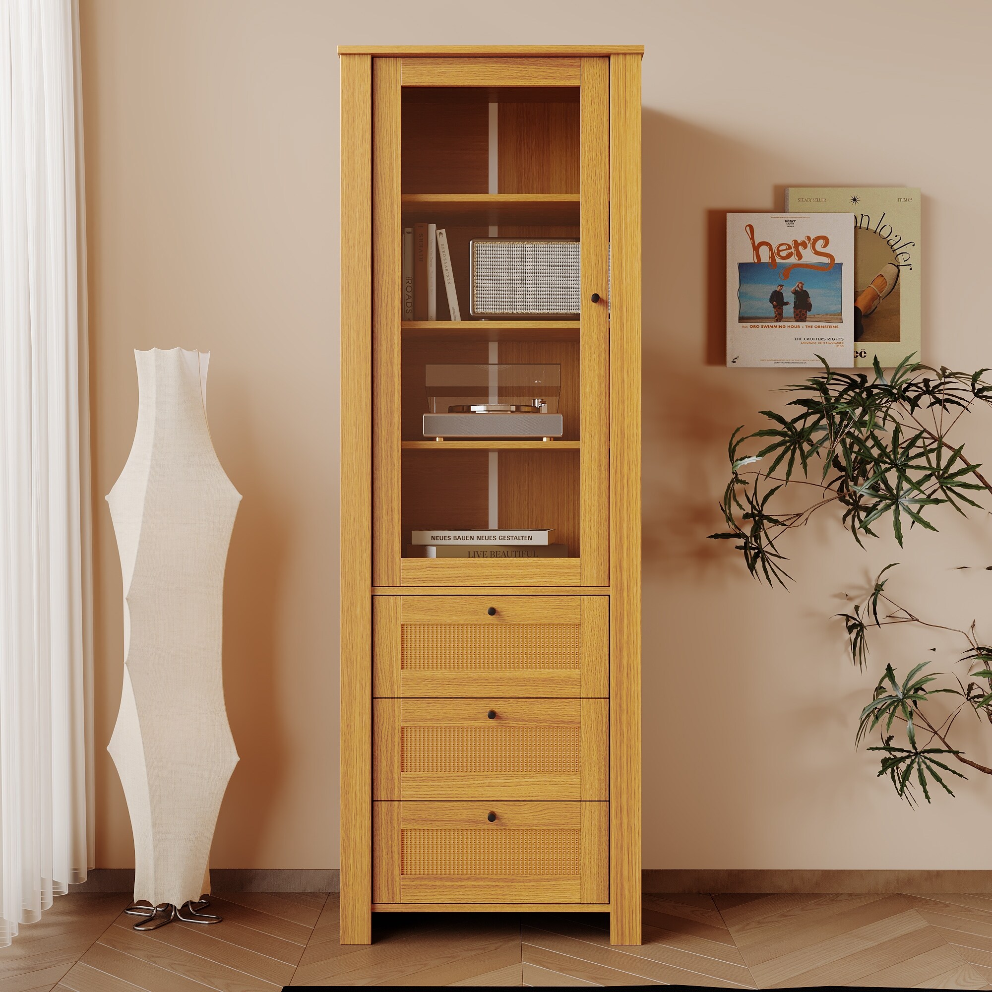 69.3 in. Tall Oak Bookshelf Display Case Open Storage Shelves with Rattan Door and 3 Drawers Bed Bath Beyond 41031712