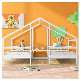 Shared Two Twin Beds Triangular House Platform Bed with Built-in Table ...