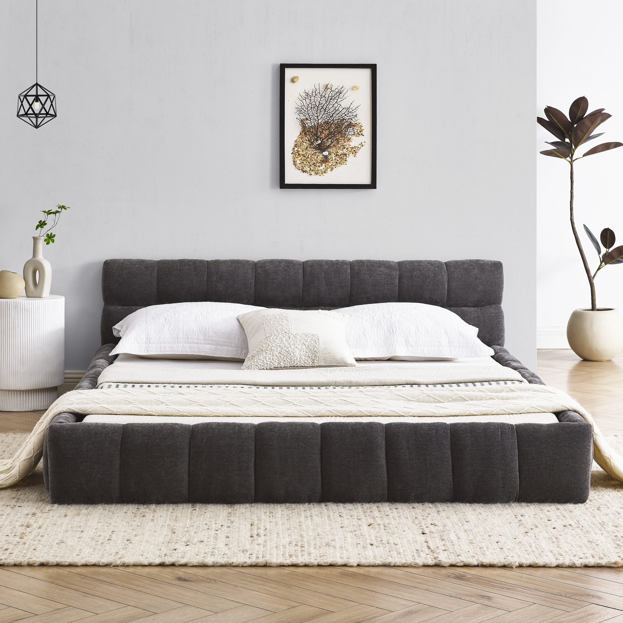 Dark Grey Chenille Upholstered Bed w Thick Fabric Queen Platform Bed Bed Bath Beyond 41290708