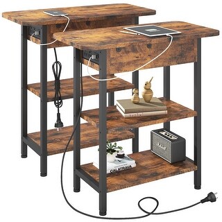 Set of 2 Brown End Tables with Charging Station, Narrow Side Tables for ...