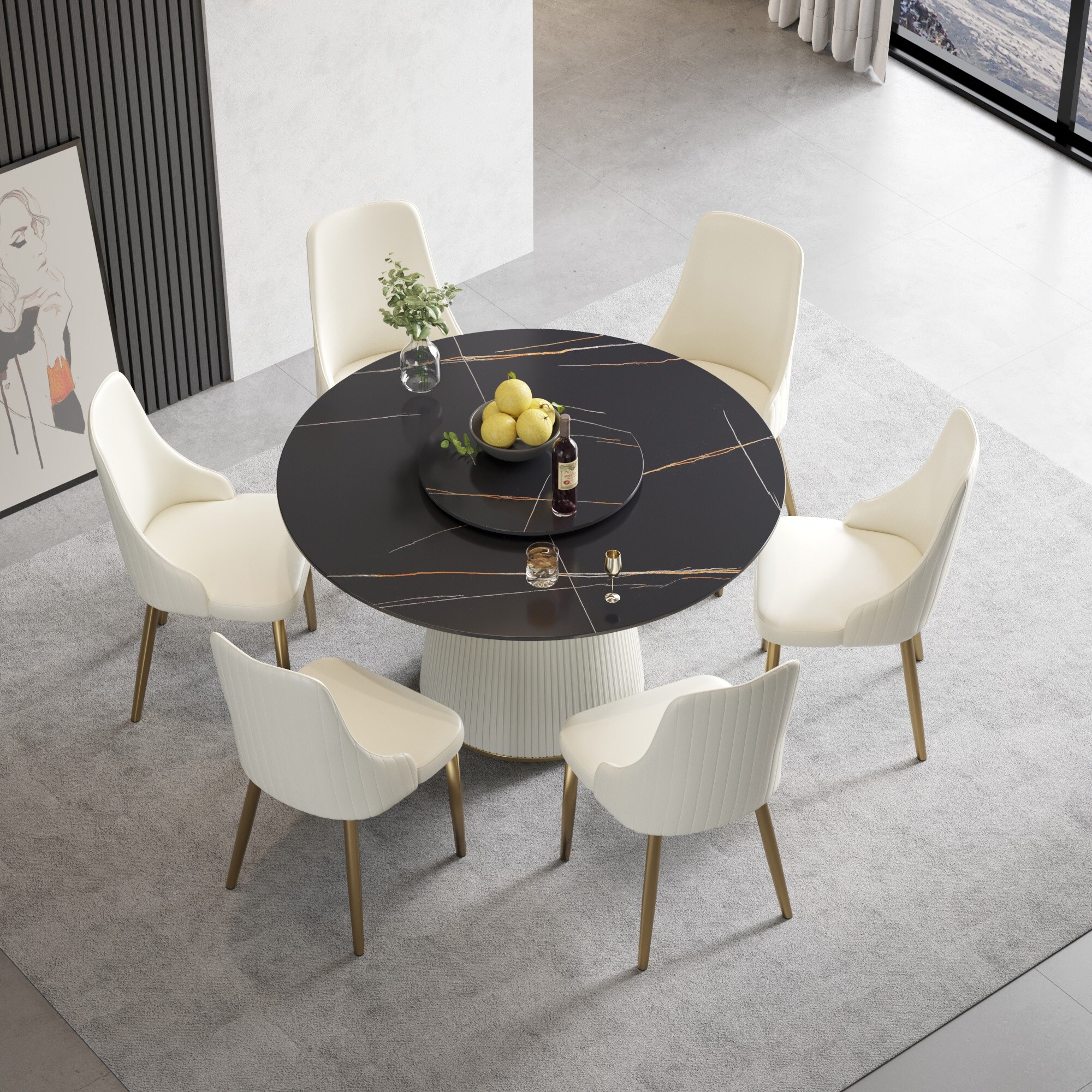 59" Round Dining Table for 8-10, White Sintered Stone Tabletop - Bed ...