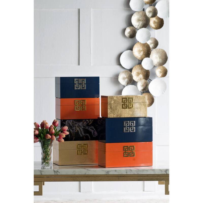 Blue Geometric Design Decorative Boxes (Set of 2) - Overstock - 29660068