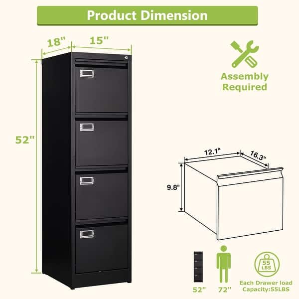 4 Drawer File Cabinet with Lock, Office File Cabinets,18" Deep Metal ...