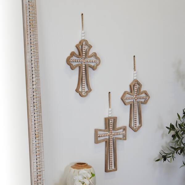 Light Brown Wood Carved Beaded Crosses Cross Home Wall Decor with Rope ...