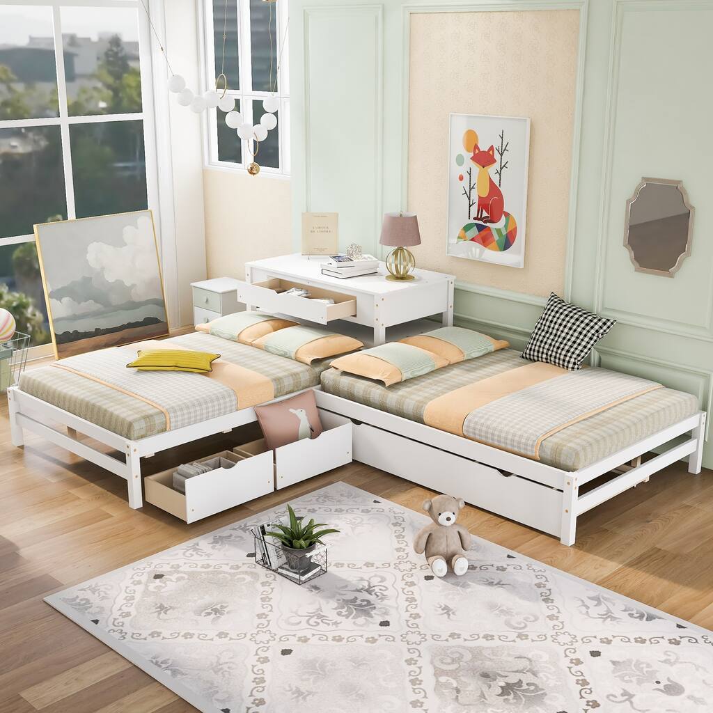 3 in 1 Design L-Shaped Corner Platform Beds with 1 Desk&1 Trundle&2 ...
