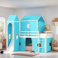 Twin Size Castles Shaped Bunk Bed with Slide, Solid Wood Kids Cartoon ...