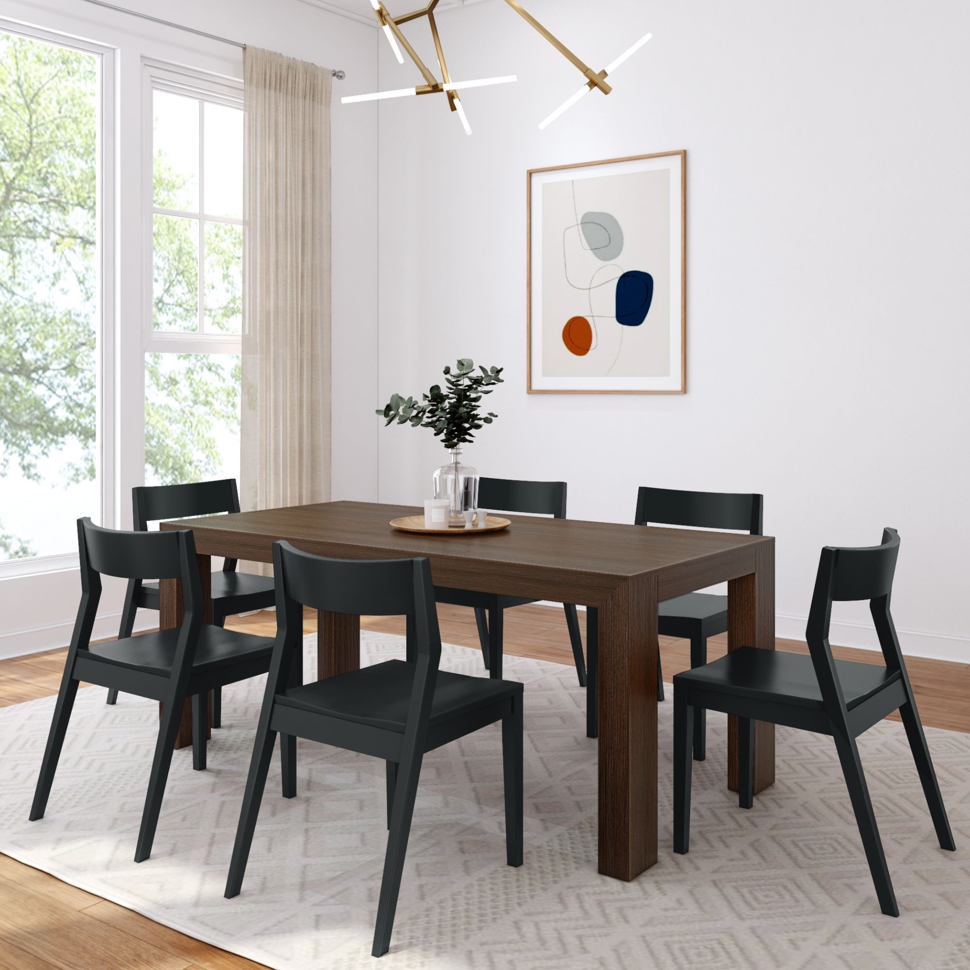 Plank and Beam 72 Modern Solid Wood Dining Table and Chairs Seashell Wirebrush Black