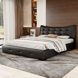 Queen PU Upholstered Platform Bed Black Wingback Headboard Bed Frame ...