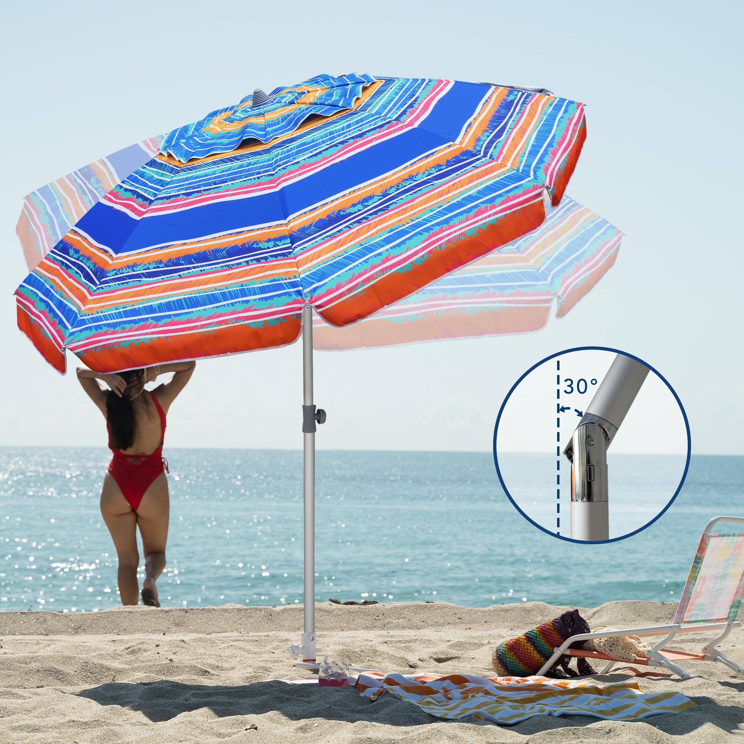 7ft Beach Umbrella With Sand Anchor Portable Outdoor Patio Sun Shelter