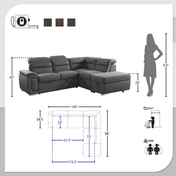 Voclain Microfiber Sectional Sofa with Pull-Out Bed and Storage Ottoman ...