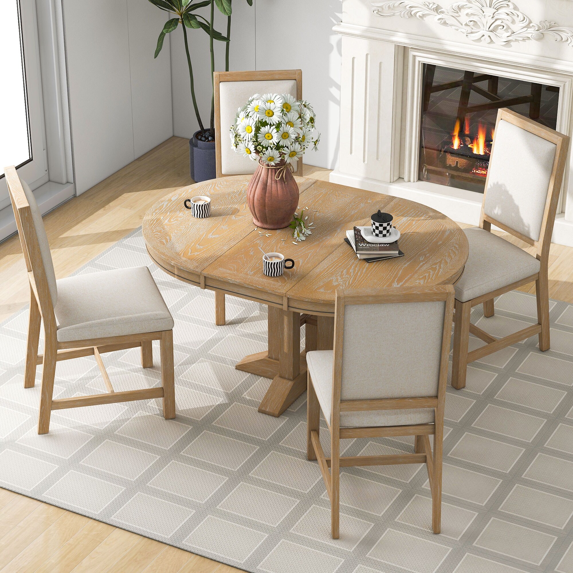 Farmhouse 5 Piece Oval Dining Set with Extendable Round Table and High Back Upholstered Chairs for Dining Room On Sale Bed Bath Beyond 38447326