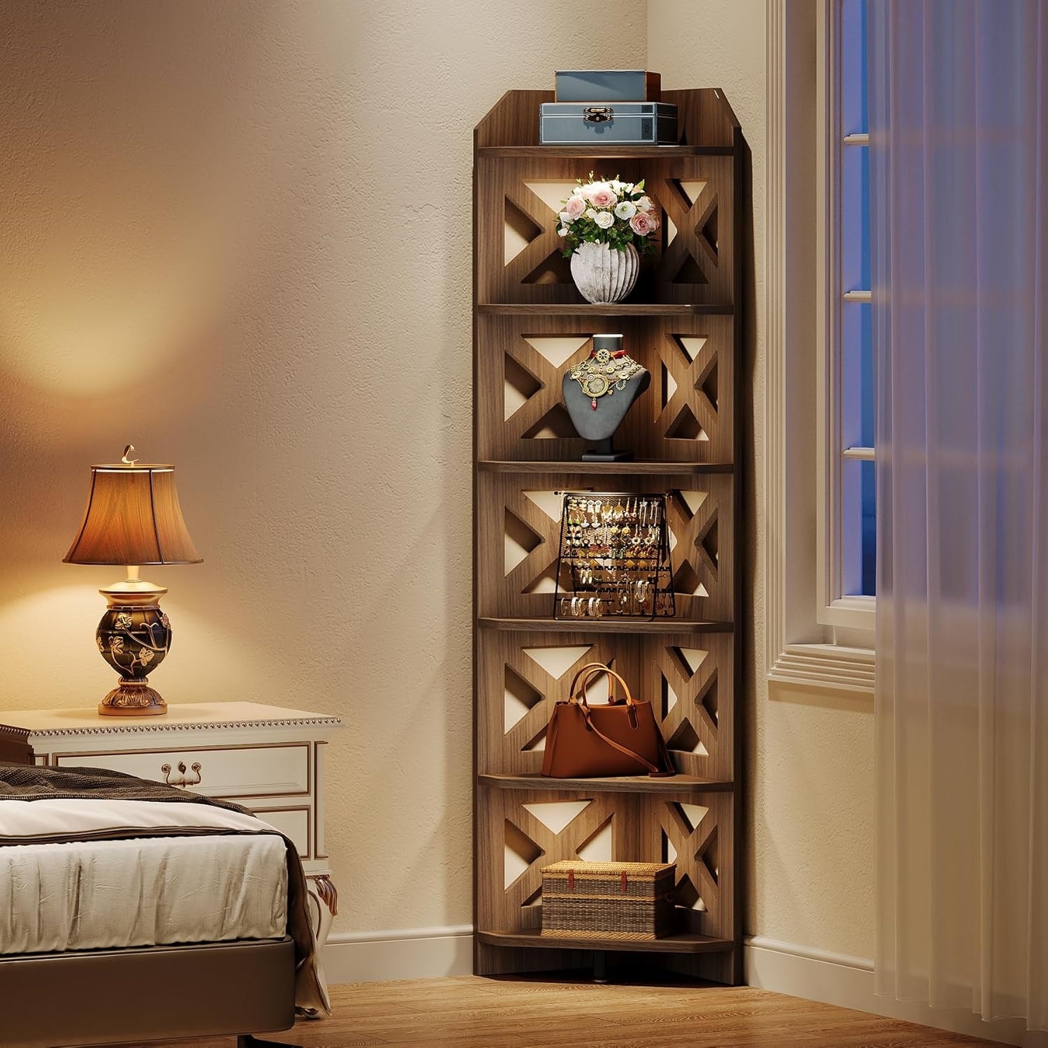 rustic brown corner shelves