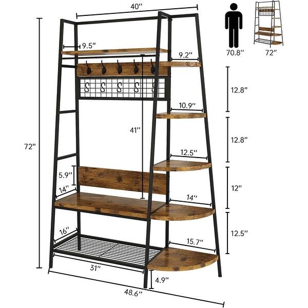 Mieres Rustic Brown Wooden Hall Tree with 5 Tier Open Storage ...