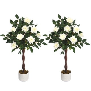 3FT Artificial Rose Tree 2-Pack, Faux White Rose Bushes in Black Pots ...