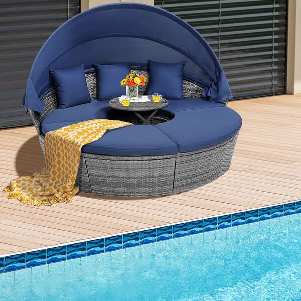 Gymax Outdoor Round Daybed w/ Retractable Canopy & Side Table Backyard ...