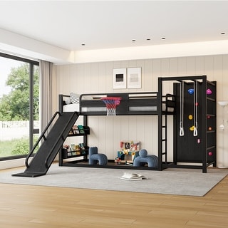 Twin/Full Size Metal Loft Bed Frame with Basketball Hoop, Climbing Wall ...