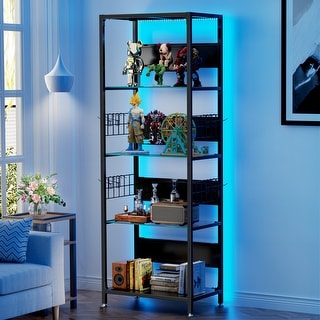 4-Tier Glass Display Shelf with RGB Lights, LED Lighted Cabinet with ...