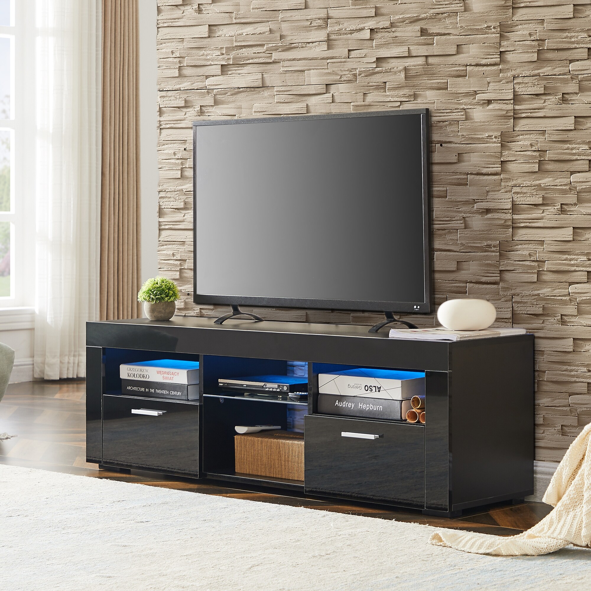 51'' High Glossy RGB LED Light TV Stand with 2 Side Down Open Tie-Rod ...