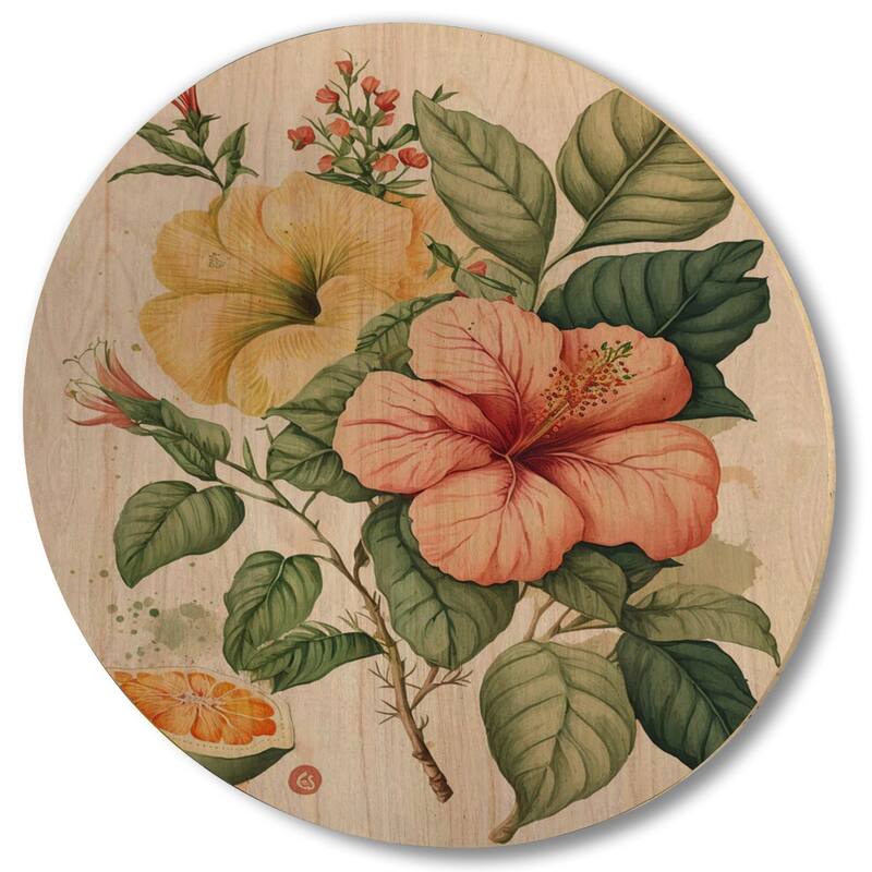 Designart "Blossiming Yellow Retro Hibiscus III" Floral Hibiscus Wood ...