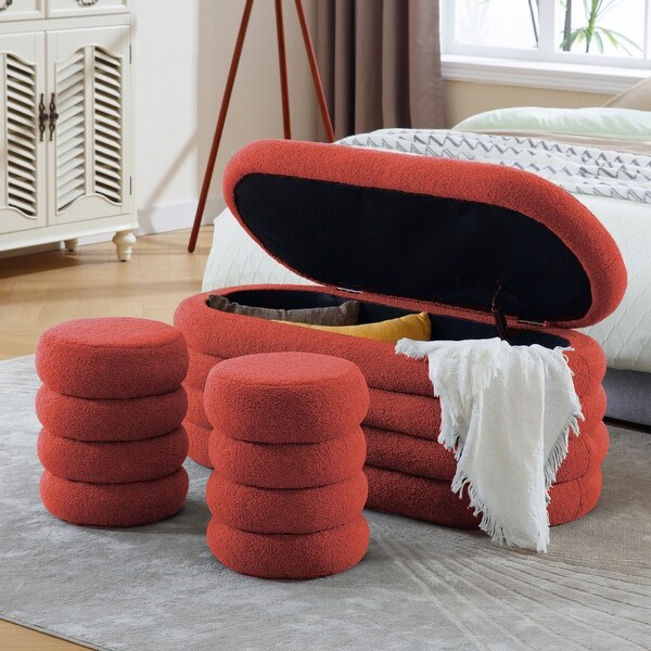 HOMYKA Oval Storage Ottoman Bench with 2 Small Stool for End of Bed Grey