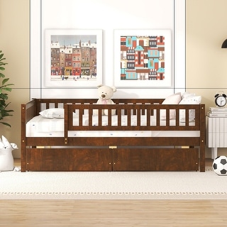 Walnut Full Size Kids Bed Frame with Drawers, Full Daybed with Fence ...